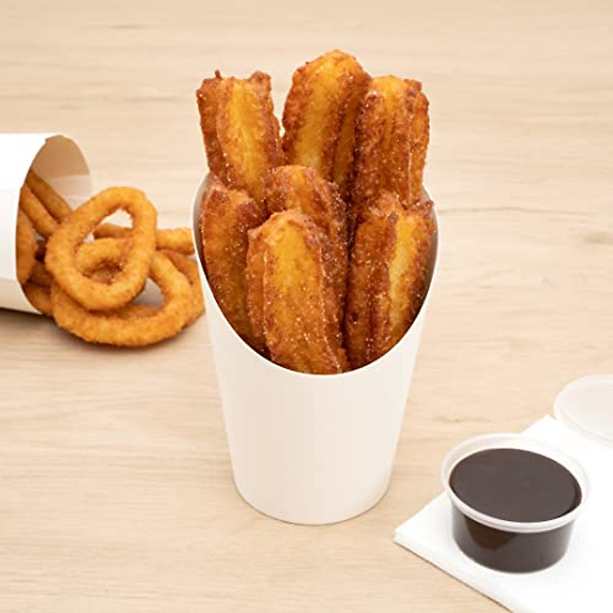 Restaurantware Bio Tek 12 Ounce French Fry Containers, 100 Disposable Charcuterie Cups - Incline Design, Round, White Paper French Fry Cups, Stackable, For Waffles, Chips, or Popcorn
