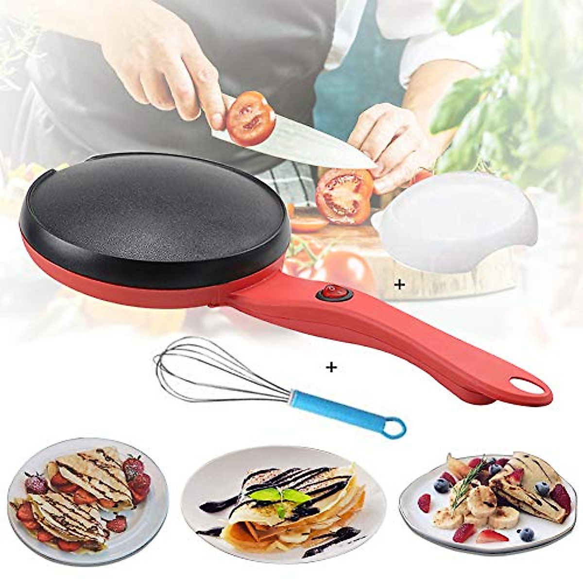 Portable Electric Crepe Maker 110V 8” Household Pancake Machine with Auto Temperature Control Non-stick Crepe Pan for Pancake, Blintz, Chapati,Including Egg Beater & Batter Pot Red&Black 1Pack