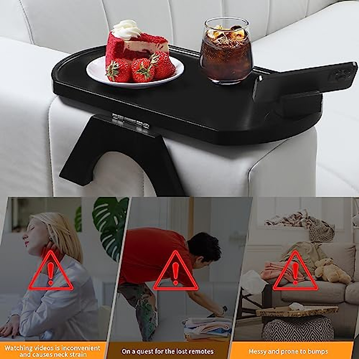 Lengthened Upgrade 17.7x9.8 Couch Arm Table Tray for Sofa, Center Console Armrest Clip Table for Car, Wooden, Foldable, Large Space for Eat/Drink/Snack/Remote Control, with 360° Rotating Phone Holder
