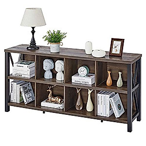 FATORRI 8 Cube Storage Organizer Bookshelf, Rustic Wood Cubby Bookcase, Industrial Horizontal Long Shelf for Living Room (Walnut Brown, 62 Inch)