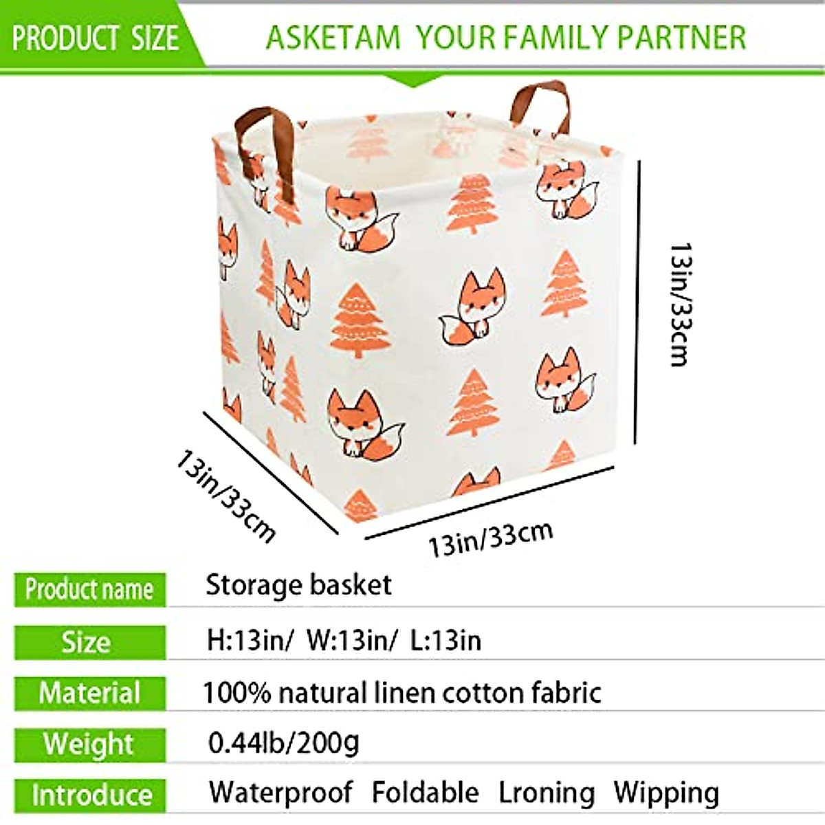 ASKETAM Square Canvas Collapsible Fabric Baby Toy Box Storage Bin Bedroom Decor Closet Kids Laundry Baskets Toy Organizer,Shelf Basket Nursery Storage,Gift Baskets(Fox Little Pine)