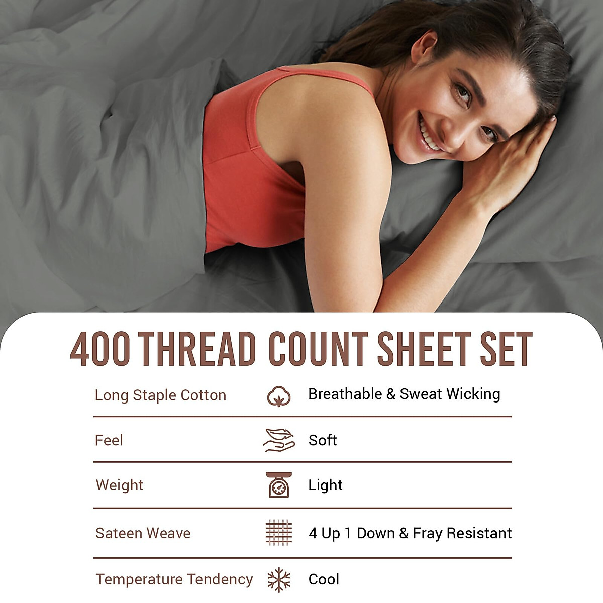 Pizuna Pure 100% Cotton Sheets Full Size, Luxurious 400 Thread Count Long Staple Cotton Sateen Sheets Full with 15" Deep Pocket (Combed Dark Grey Cotton Sheets Full)