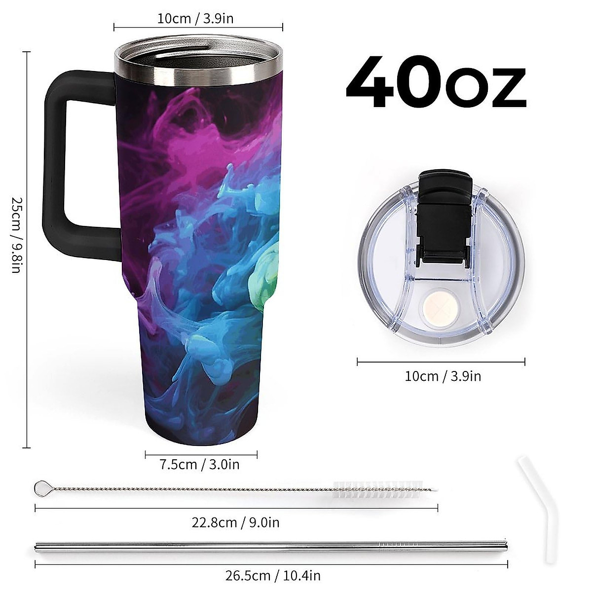FZQVSGW Rainbow Smoke 40 Oz Tumbler with Handle And Straw Stainless Steel Vacuum Insulated Tumblers Reusable Keep Drinks Cold Coffee Cup Holder Friendly Gifts for Women Men Car Gym Travel
