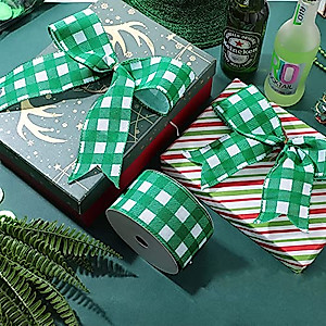 St Patrick's Day Wired Edge Ribbons for Gift Wrapping Tree Wreaths DIY Crafts, Green and White Check Buffalo Plaid Fabric Ribbons for Home Theme Party Earth Day Decorations, 2.5" × 10 Yard, 1 Roll