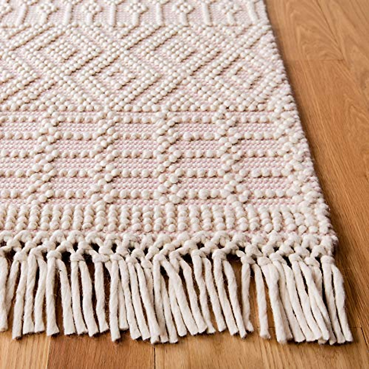 SAFAVIEH Natura Collection Runner Rug - 2'3" x 12', Ivory & Pink, Handmade Moroccan Boho Wool Fringe, Ideal for High Traffic Areas in Living Room, Bedroom (NAT852R)