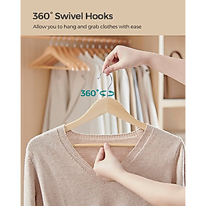 SONGMICS Wooden Hangers, Pack of 24, Coat Hangers, Non-Slip, Pants Bar, 360° Swivel Hooks, for Jackets, Shirts, Coats, Natural Beige UCRW010N24