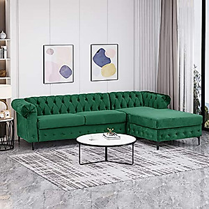 Christopher Knight Home Frieda Velvet 3 Seater Sectional Sofa with Chaise Lounge, Emerald, Black