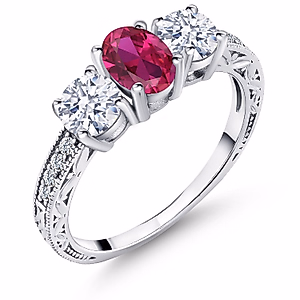 Gem Stone King 2.52 Cttw 925 Sterling Silver Red Created Ruby 3-Stone Engagement Ring | Oval 7X5MM & Round 5MM | 3 Stone Wedding Anniversary Promise Ring For Women (Size 6)