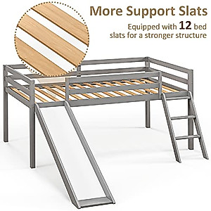 TOLEAD Loft Bed with Slide, Wood Twin Low Loft Bed with Climbing Ladder & Storage Space for Kids Toddler, Grey
