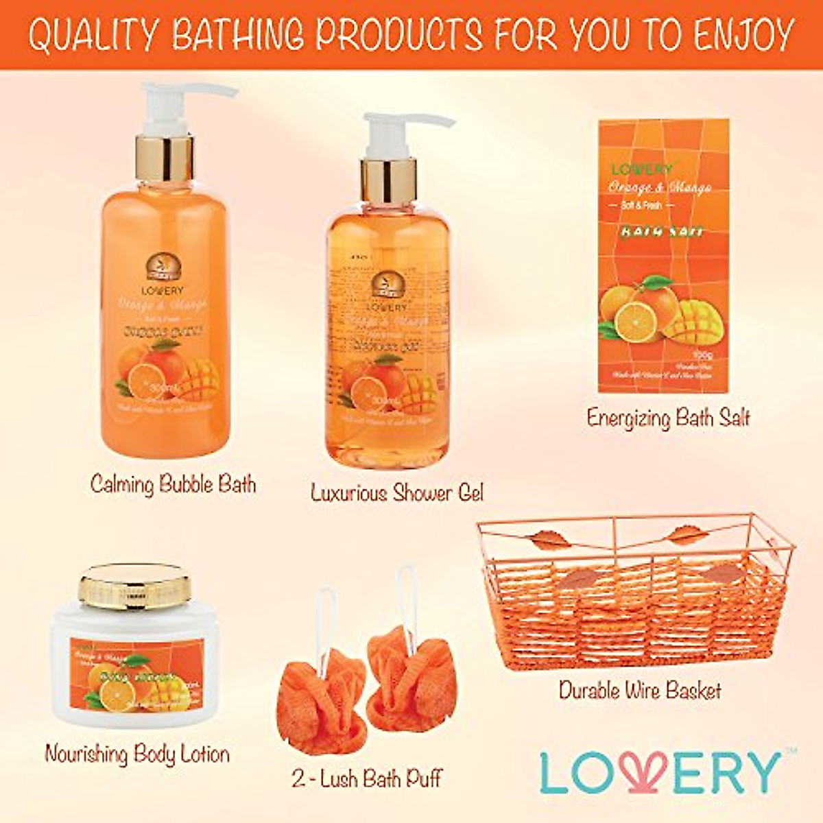 Birthday Gift Basket, Home Spa Gift Basket - Orange & Mango Fragrance - 7pc Bath & Body Set For Women & Men, Contains Shower Gel, Bubble Bath, Body Lotion, Bath Salt, 2 Bath Poufs & Handmade Basket