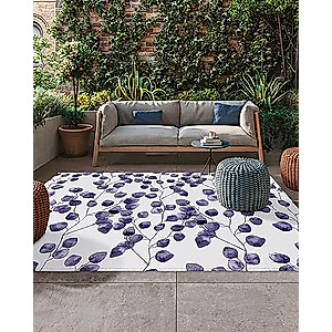 Outdoor Rug for Patio Purple Watercolor Plants Leaves 4'x6' Mat Carpet,Reversible Camping Aera Rugs,Rv,Porch,Deck,Camper,Balcony,Backyard