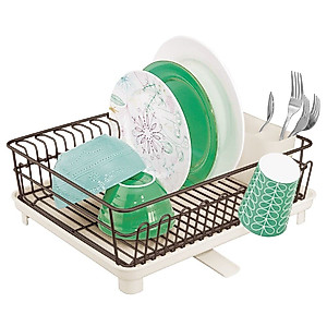 mDesign Metal Wire Kitchen Countertop, Sink Dish Drying Rack - Removable Plastic Cutlery Tray, Drainboard with Adjustable Swivel Spout - 3 Pieces - Bronze/Cream