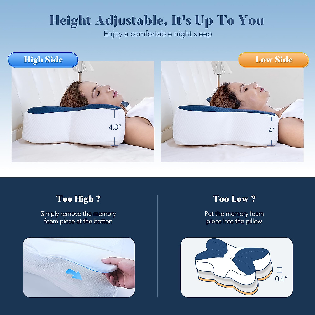 Cervical Pillows for Neck Pain Relief - Adjustable Orthopedic Side Sleeping Pillow, Memory Foam Pillows for Neck and Shoulder Support, Ergonomic Contour Side Back Stomach Sleeper Bed Pillow for Adult
