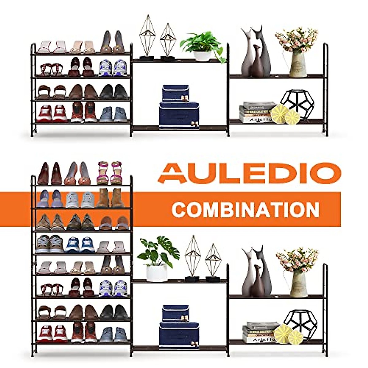 AULEDIO 4-Tier Shoe Rack,Stackable and Adjustable Multi-Function Wire Grid Shoe Organizer Storage,Extra Large Capacity, Space Saving, Fits Boots, high Heels, Slippers and More(Bronze)