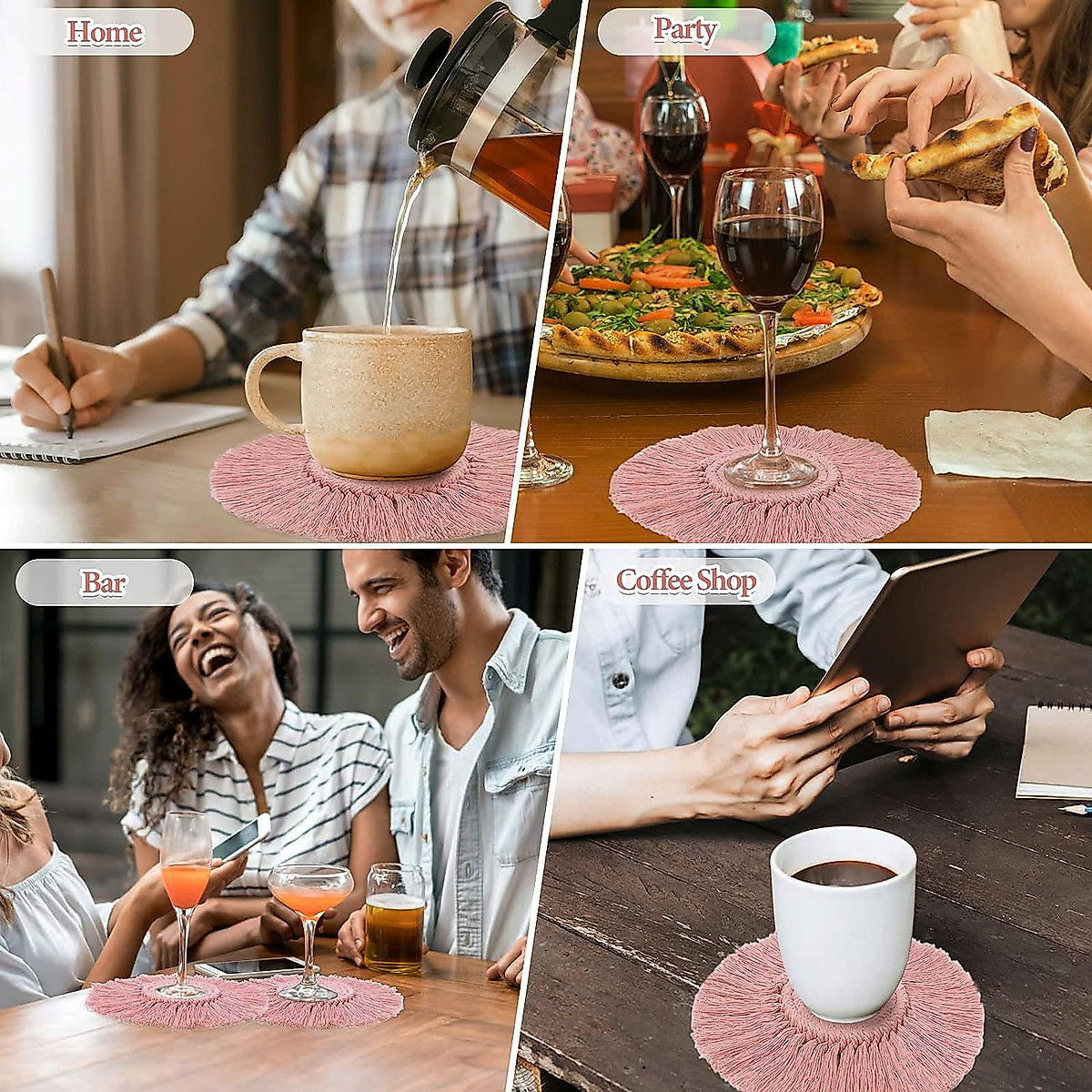 2 Pack Macrame Pink Coasters for Drinks, 7in Woven Boho Coaster Set, Handmade Absorbent Cotton Boho Coasters for Wooden Table Decor Boho Home Decor Housewarming Gift