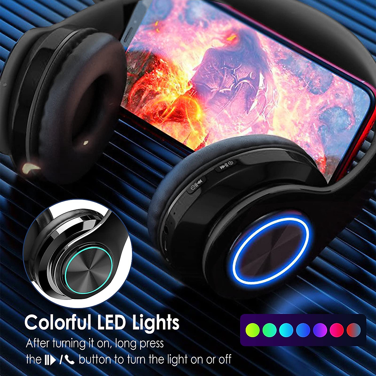 iChenovo 2022 Wireless Bluetooth Headphones,Colorful LED Lights Comfort Over Ear Foldable Headset with Built-in Microphone,FM,SD Card Slot,Wired for School/Tablet Computer/PC/TV/Cellphones/Travel