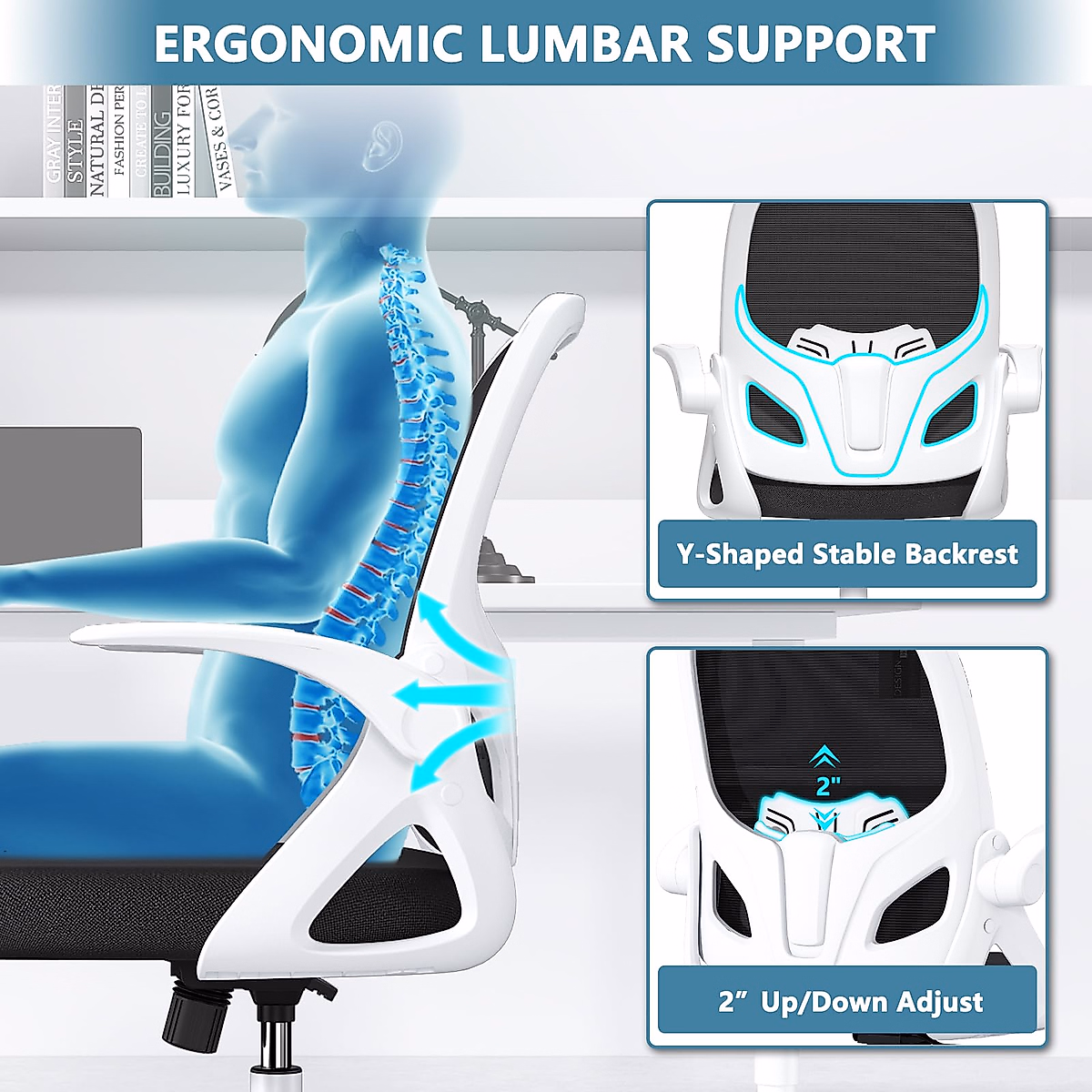 Kensaker Home Desk Chair with Back Supportive Lumbar Support, Breathable Double Mesh Cushion Home Desk Office Chair with Flip up Arms, Modern Ergonomic Home Desk Office Chair for Home and Work(White)