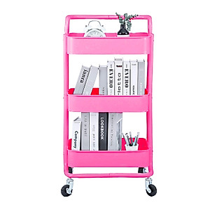 3-Tier Metal Mesh Rolling Cart Storage Organizer with Utility Handle and Wheels, Pink