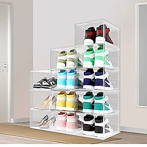 Eoszaous Shoe Box, 6 Pack Shoe Boxes Clear Plastic Stackable, Shoe Storage Boxes with Lids, Drop Front Shoe Boxes for Sneaker Storage Display, Fit Up to US Size 12 (13.6”x 10.4”x 7.5”) (Transparent)