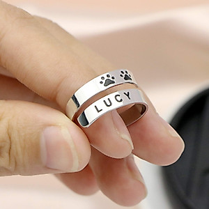 Yiyang Memorial Gifts Customized Pet Name Rings for Her Puppy Funny Dainty jewelry with Paw Print Pet Name Bella for Women Men Dog Cat Lover