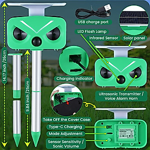 2 Pack Ultrasonic Cat Repellent Outdoor, Solar USB Powered Animal Repeller Ultrasonic Deer Deterrent Devices with Motion Sensor Waterproof Pest Deterrent for Dog Skunk Squirrel Raccoon Coyote Rabbit