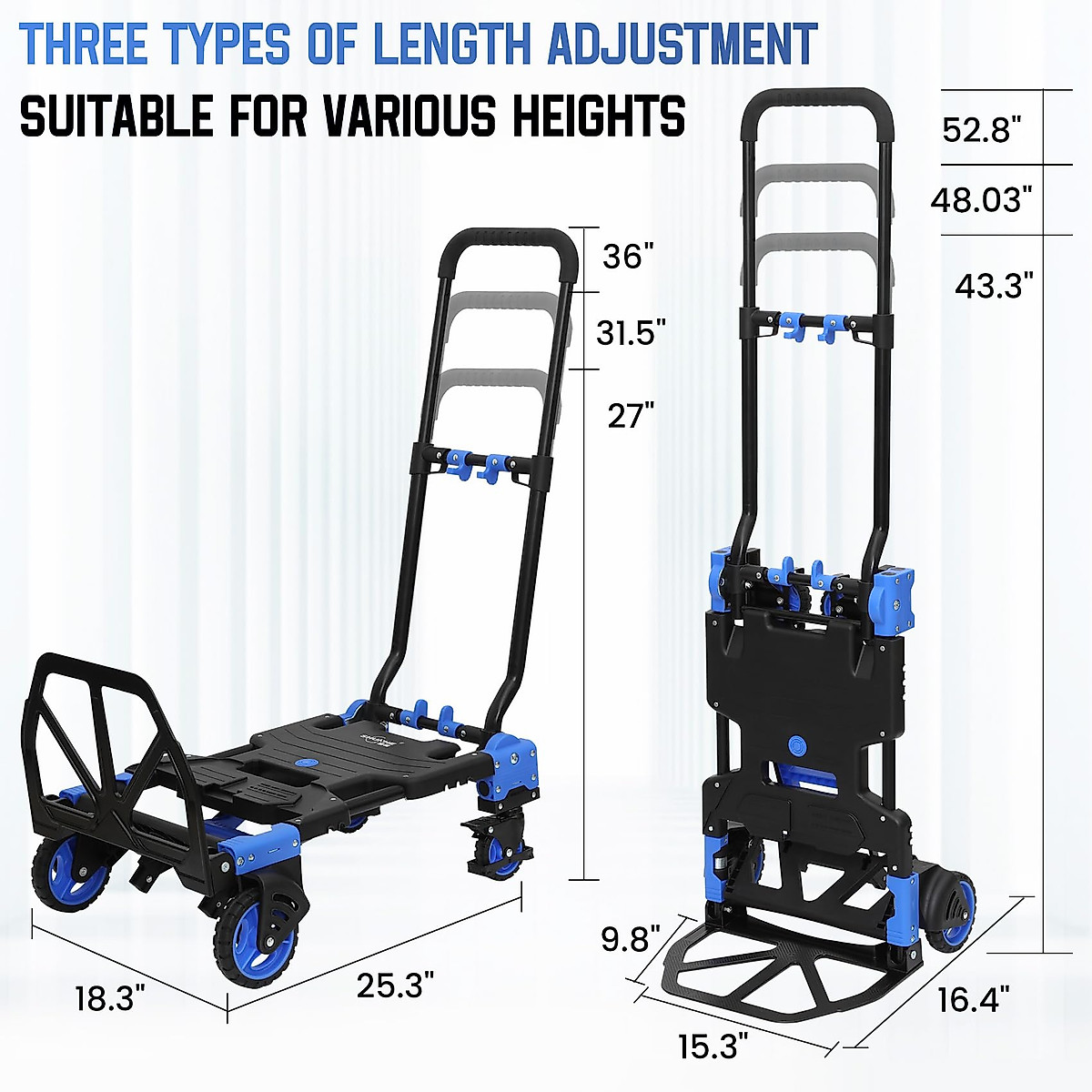 Hand Truck Foldable with Retractable Handle, 2 in 1 Hand Truck Dolly Foldable with Basket, 330LBS Capacity Folding Hand Cart,2 Bungee Cords and 2 Cotton Cord Gloves in Any Style.