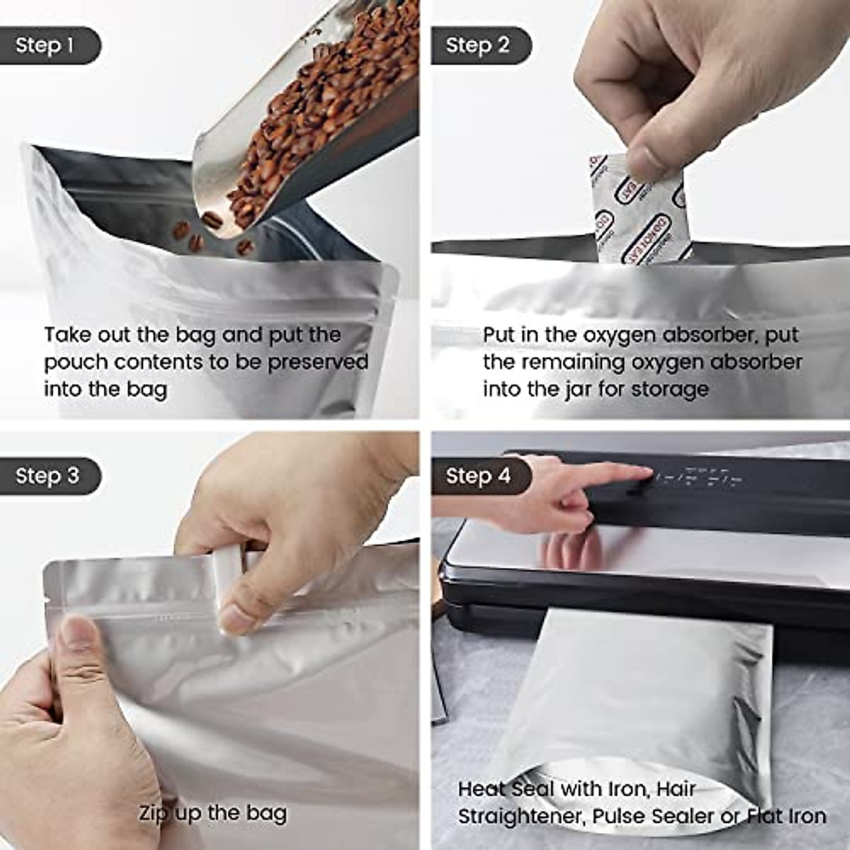 SOFTGAS 150 Pack Mylar Bags for Food Storage with Oxygen Absorbers & Labels, Resealabel Ziplock Food Grade Bags for Long Term Food Storage (4 size 4.3 * 6.3/6 * 9/7.5 * 11.5/10 * 14)