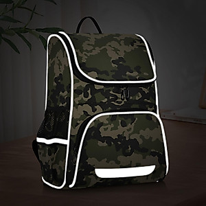 School Backpack with Chest Strap, Army Green Camouflage Laptop Backpack, Travel Hiking Backpack for Boys Girls, Rucksack, Knapsack