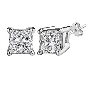 14k White Gold Princess Cut White Cubic Zirconia Stud Earrings, 5mm