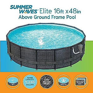 Funsicle 16' x 48" Oasis Designer Round Frame Outdoor Above Ground Swimming Pool Set with SkimmerPlus Filter Pump and Pool Cover, Dark Herringbone