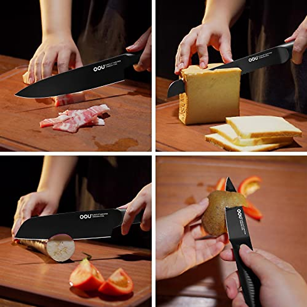 OOU Kitchen Knife Block Set - 8 Pieces High Carbon Stainless Steel Kitchen Knife Sets, Anti-Rust Black Knife Set with Universal Knife Holder