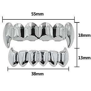 JINAO Silver Vampire Fangs Teeth Grillz Face 18K Gold Plated Top Bottom Grills for Your Teeth Set for Men and Women Hip Hop Jewelry (Silver grillz)