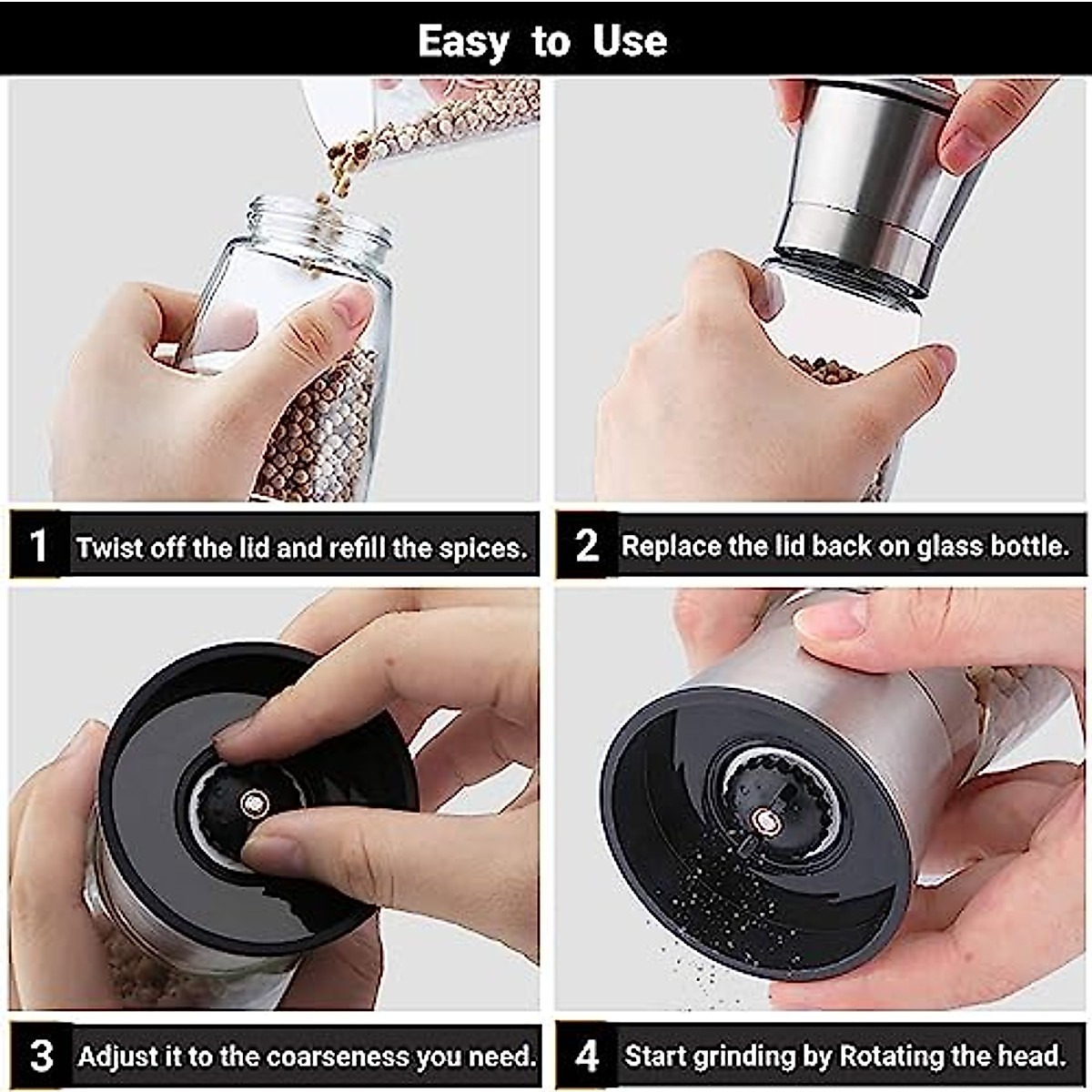 Salt and Pepper Grinder Set, Trofoty Stainless Steel Sea Salt & Pepper Grinder Refillable Set, Manual Adjustable Ceramic Salt and Pepper Grinders, Clear Glass Metal Pepper Mill Set - 2 Pack