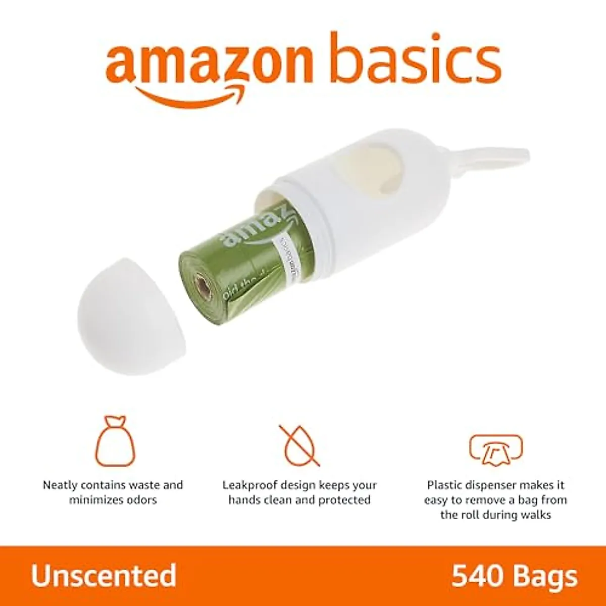 Amazon Basics Dog Poop Bags with Dispenser, 540 Count, Enhanced for Guaranteed Leakproof, Unscented, Includes Leash Clip