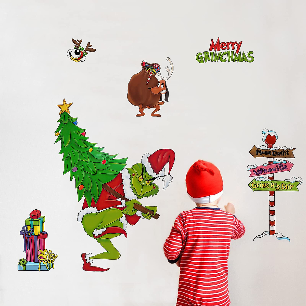 Yovkky Merry Christmas Wall Decals Stickers, Xmas Tree Sign Holiday Max Dog Decor, 2024 New Year Winter Green Red Farmhouse Home Kitchen Decorations Kids Boys Girls Bedroom Art Gift