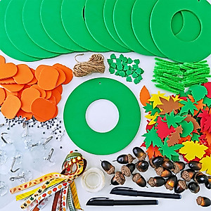 Supla 12 Kits 3D Pumpkin Fall Leaf Wreath Craft Kit DIY Thanksgiving Wreath with Maple Leaves Acorns Bows Wiggle Eyes for Kids Crafts Fall Thanksgiving Halloween Seasonal Decoration
