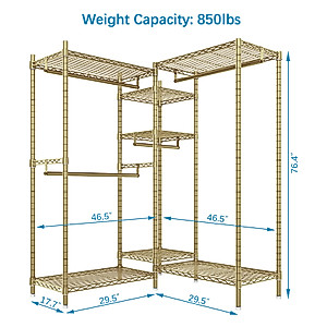 VIPEK L6 L Shaped Clothes Rack Heavy Duty Clothing Rack for Corner, 5-Tier Wire Garment Rack Metal Freestanding Closet with Adjustable Shelves, 46.5" L x 46.5" W x 76.4" H, Max Load 850LBS, Gold