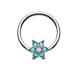 Amelia Fashion 16 Turquoise Spring Flower Turquoise/AuroraBorealis Sparkle Captive Bead Ring 316L Surgical Steel (Silver/Aurora Borealis)