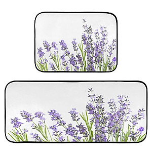 ALAZA Lavender Flower Watercolor 2 Piece Kitchen Rug Floor Mat Set Runner Rugs Non-Slip for Kitchen Laundry Office 20" x 28" + 20" x 48"