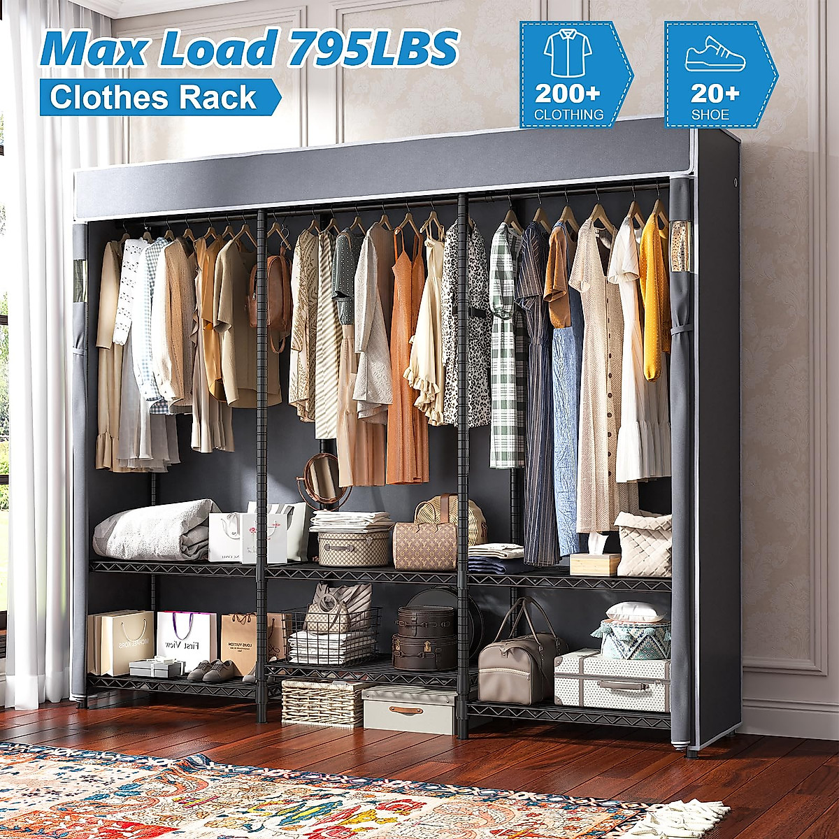 Raybee Heavy Duty Clothes Rack with Cover Loads 795 LBS Clothing Racks for Hanging Clothes Portable Closet Metal Clothes Racks for Hanging Clothes Wire Garment Rack 56" W* 16" D*75.5" H