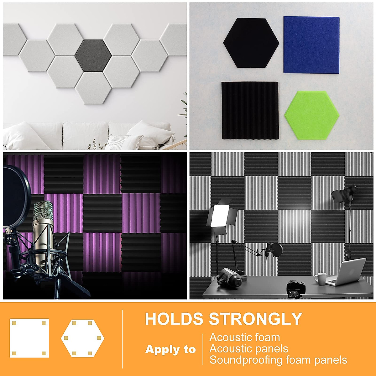 Sonicism 60 Pack Pyramid Double Sided Tape Squares for Acoustic Foam Sheets, Heavy Duty Wall Mounting Tape Squares for Polyester Foam Acoustic Panels, 1.4-in Squares, Transparent