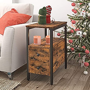 HOOBRO End Table, Narrow Chairside Table with Drawer and Open Storage Shelf, Nightstand for Small Spaces, Stable and Sturdy Construction, Wood Look Accent Furniture, Rustic Brown and Black BF548BZ01G2