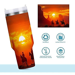 Jihqo Sunset Western Cowboys 40 oz Stainless Steel Vacuum Insulated Tumbler with Handle and Straw Lid, Leakproof Water Bottle Double Wall Travel Mug Coffee Cup, Cupholder Friendly