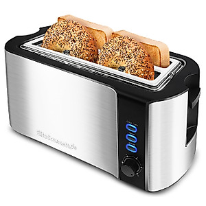 Elite Gourmet ECT-3100 Long Slot 4 Slice Toaster, Reheat, 6 Toast Settings, Defrost, Cancel Functions, Built-in Warming Rack, Extra Wide Slots for Bagels & Waffles, Stainless Steel & Black