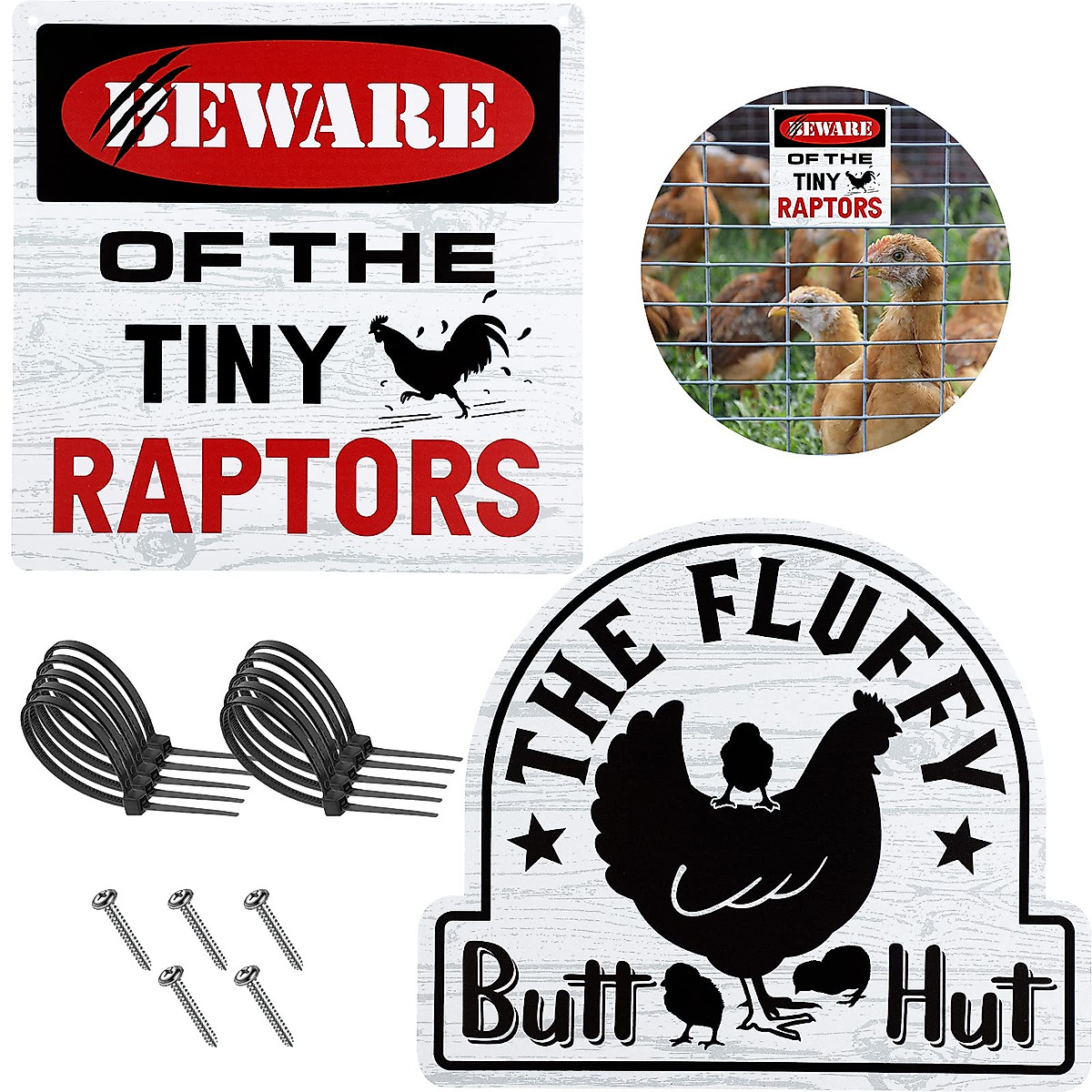 2 Sets Chicken Coop Signs Aluminum Chicken Coop Accessories The Fluffy Butt Hut Yard Signs Beware of Tiny Poultry Funny Signs for Farm Rooster Hen House Decoration, 12 x 8 Inches