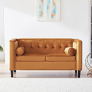 WILLOVE 58" Mid-Century Modern Velvet Sofa, 2 Seater Couch with Comfy Deep Seats, Small Loveseat Couch for Living Room Furniture with Two Throw Pillows, Easy to Install (Ginger)