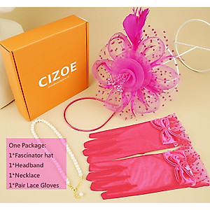 Cizoe Women's Fascinators Hat Kentucky Derby Hats Wedding Cocktail Tea Party Headwear and Gloves(Fushia)