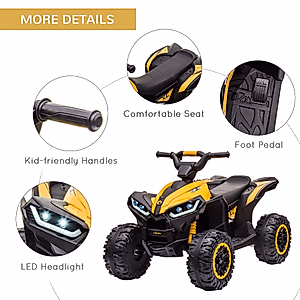Aosom 12V Kids ATV Quad Car with Forward & Backward Function, Four Wheeler for Kids with Wear-Resistant Wheels, Music, Electric Ride-on ATV for Toddlers Ages 3+ Years Old, Yellow