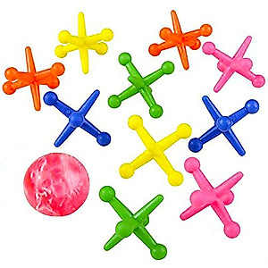 ArtCreativity Big Neon Jacks Game, 6 Sets, Each Set with 10 Plastic Jacks and 1 Marbleized Rubber Ball, Vintage Toys, Fun Activity for Kids, Birthday Party Favors for Boys and Girls