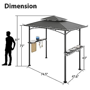 TRIPLE TREE 8 x 5 FT Grill Pergola Tent with Air Vent,Double Tiered Outdoor BBQ Gazebo with 2 Side Shelves,10 Hooks,Bottle Opener,Outdoor Barbecue Canopy for Patio,Garden,Beach,Backyard,Gray